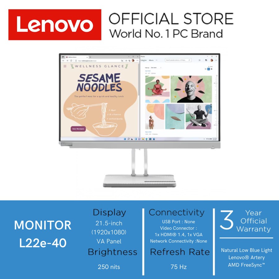 Jual LENOVO LED MONITOR L22e-40 21.5" FHD VA Panel 75 Hz Anti-glare ...