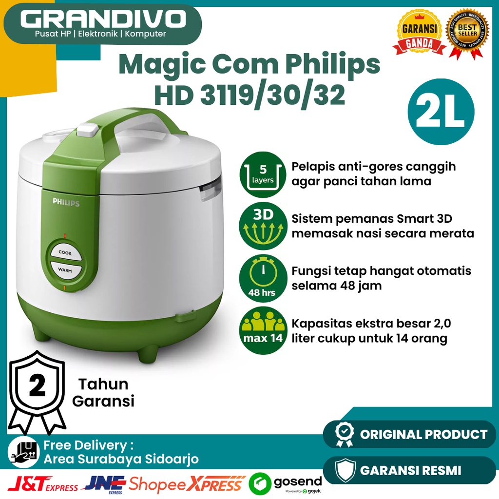 Jual Magic Com Philips 2 Liter 3119 Rice Cooker Philips HD3119 Garansi ...