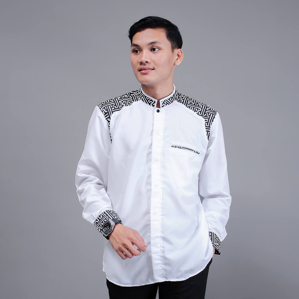 Jual Baju Koko Muslim Dewasa Motif Labirin Putih Kombinasi Batik ...