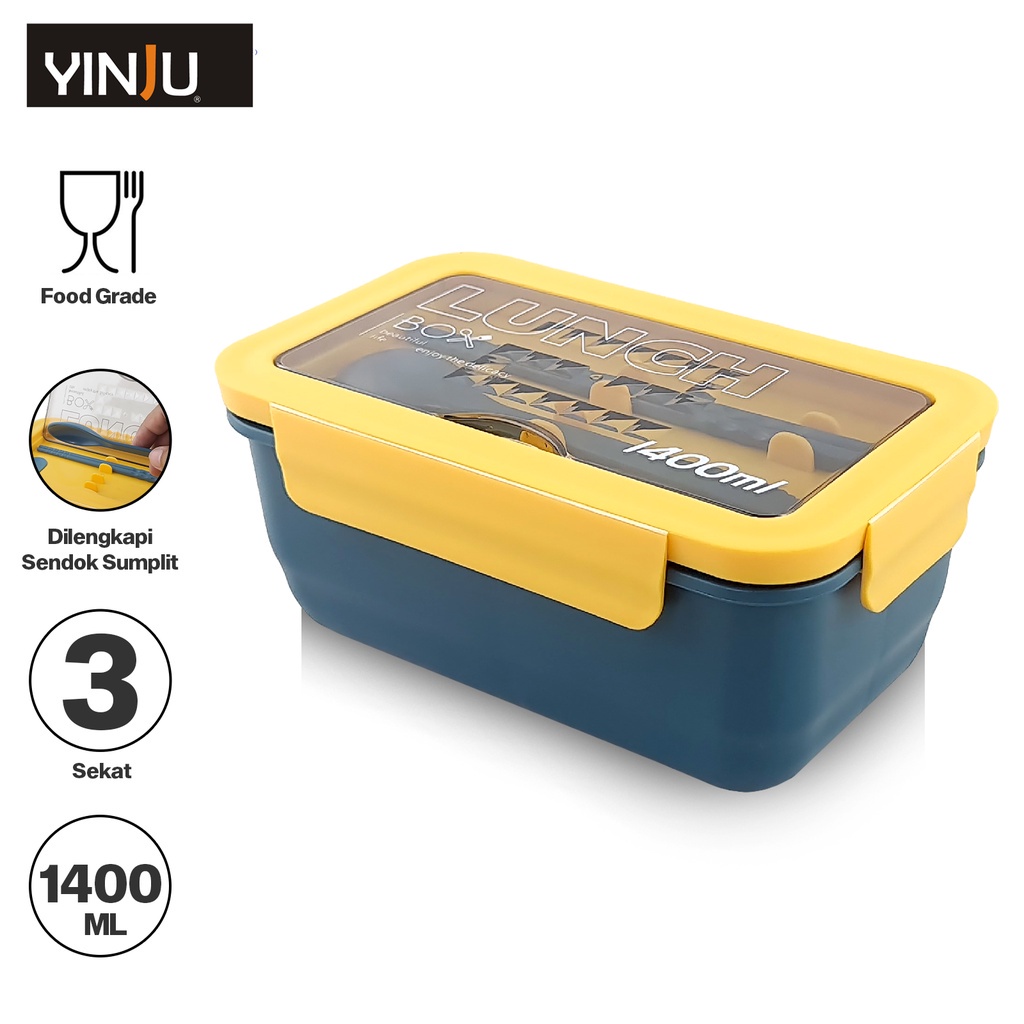Jual YINJU Kotak Bekal Plastik 1400 ML 3 Sekat Lunch Box Dengan Alat ...
