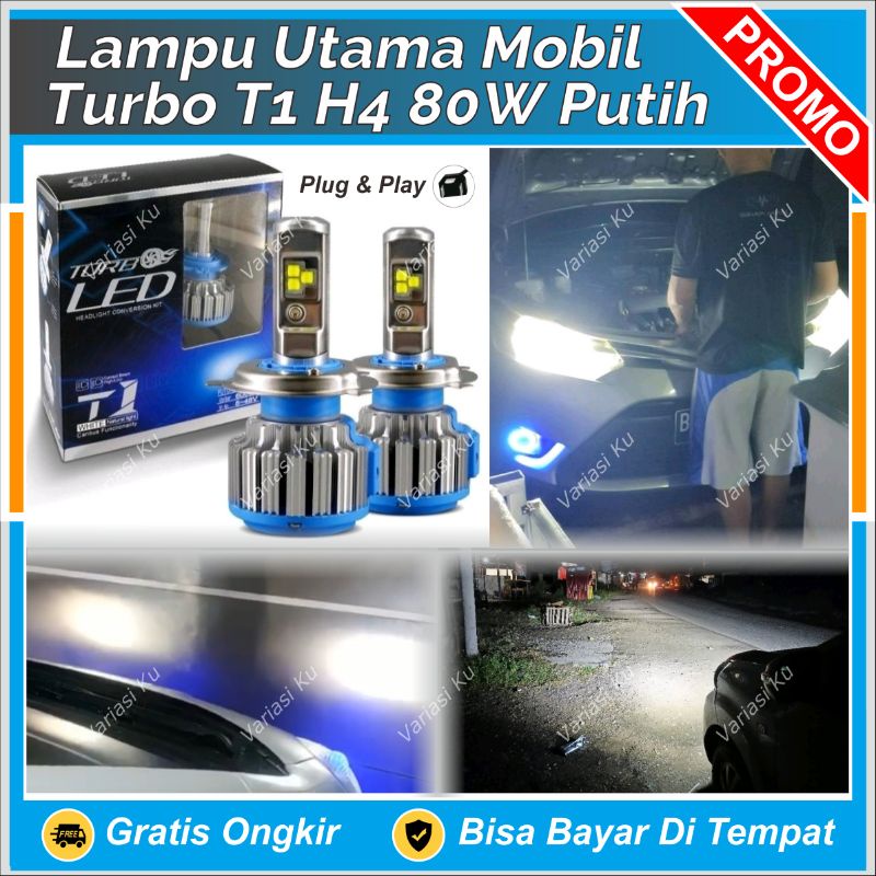 Jual LAMPU MOBIL TURBO H4 T1 UTAMA DEPAN BESAR LED SUPER TERANG 80 WATT PUTIH HEMAT DAYA KIJANG ...