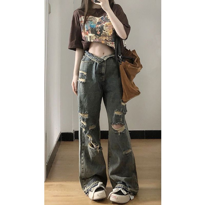 Jual Red Desain kuno retro hot girl ripped jeans wanita musim panas di ...