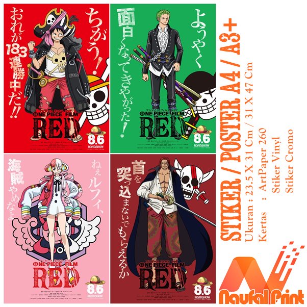 Jual Sticker Poster A3 & A4 monkey d luppy Shank Zoro Uta Nami noco ...