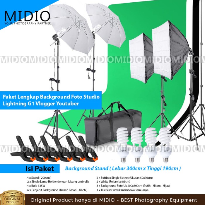 Jual Terlaris Paket Lengkap Background Foto Studio Lightning G1 Vlogger ...