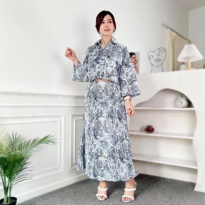 Jual Setelan One Set Wanita Nature Korean / Kemeja Crop & Rok Midi ...