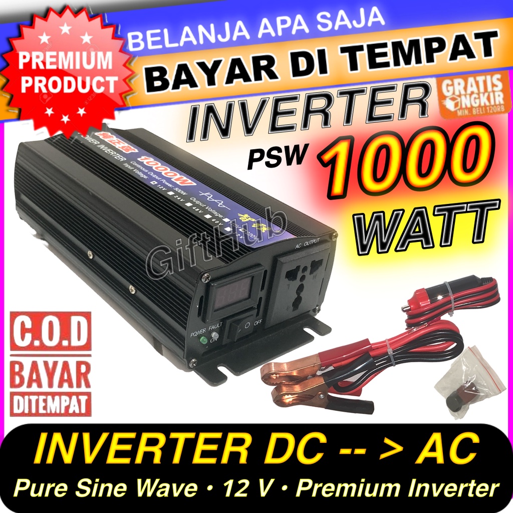 Jual Car Power Inverter With Pure Sine Wave DC 12V to AC 220V 1000W - 12V Digital Aki Battery ...
