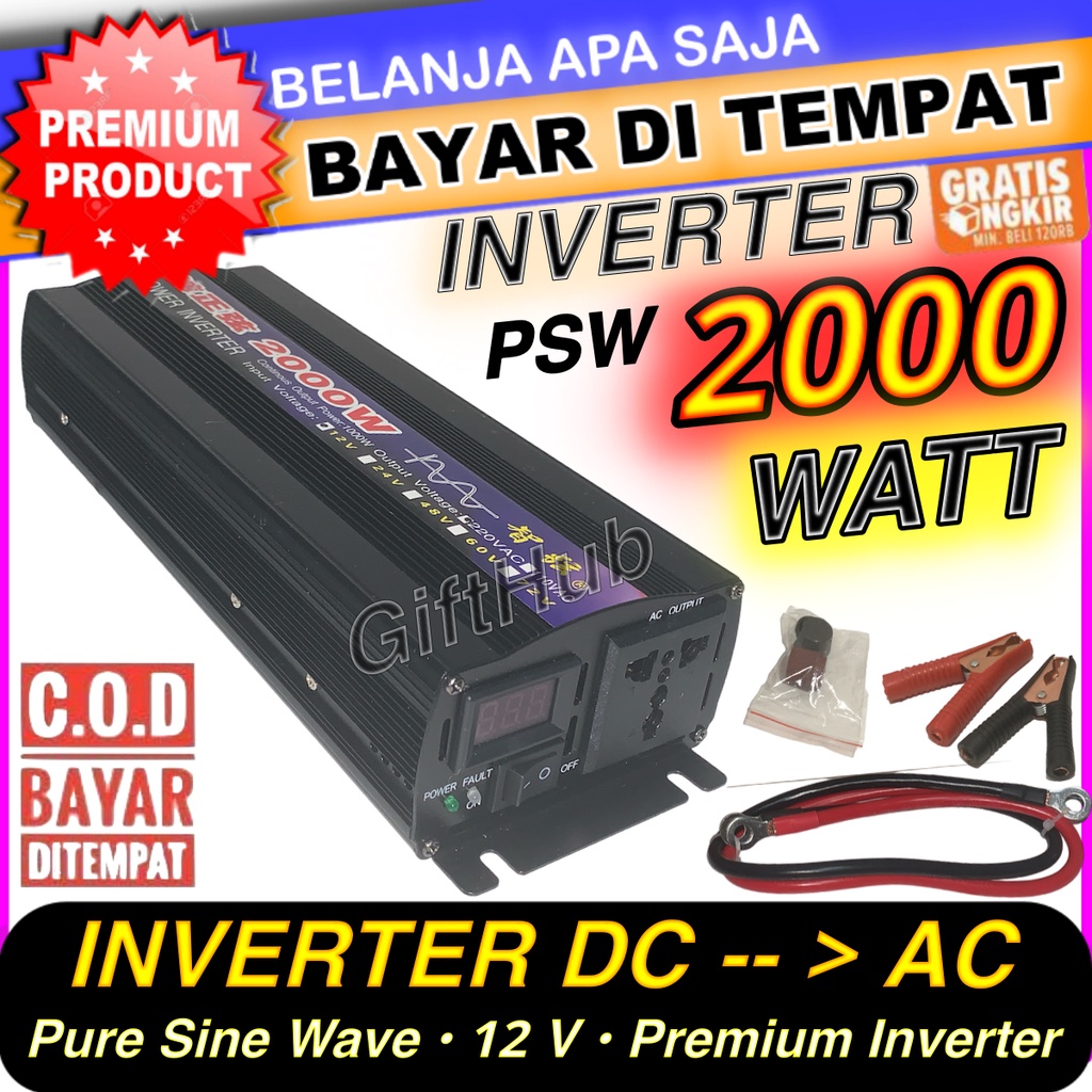 Jual Car Power Inverter With Pure Sine Wave DC 12V to AC 220V 2000W - 12V Digital Aki Battery ...