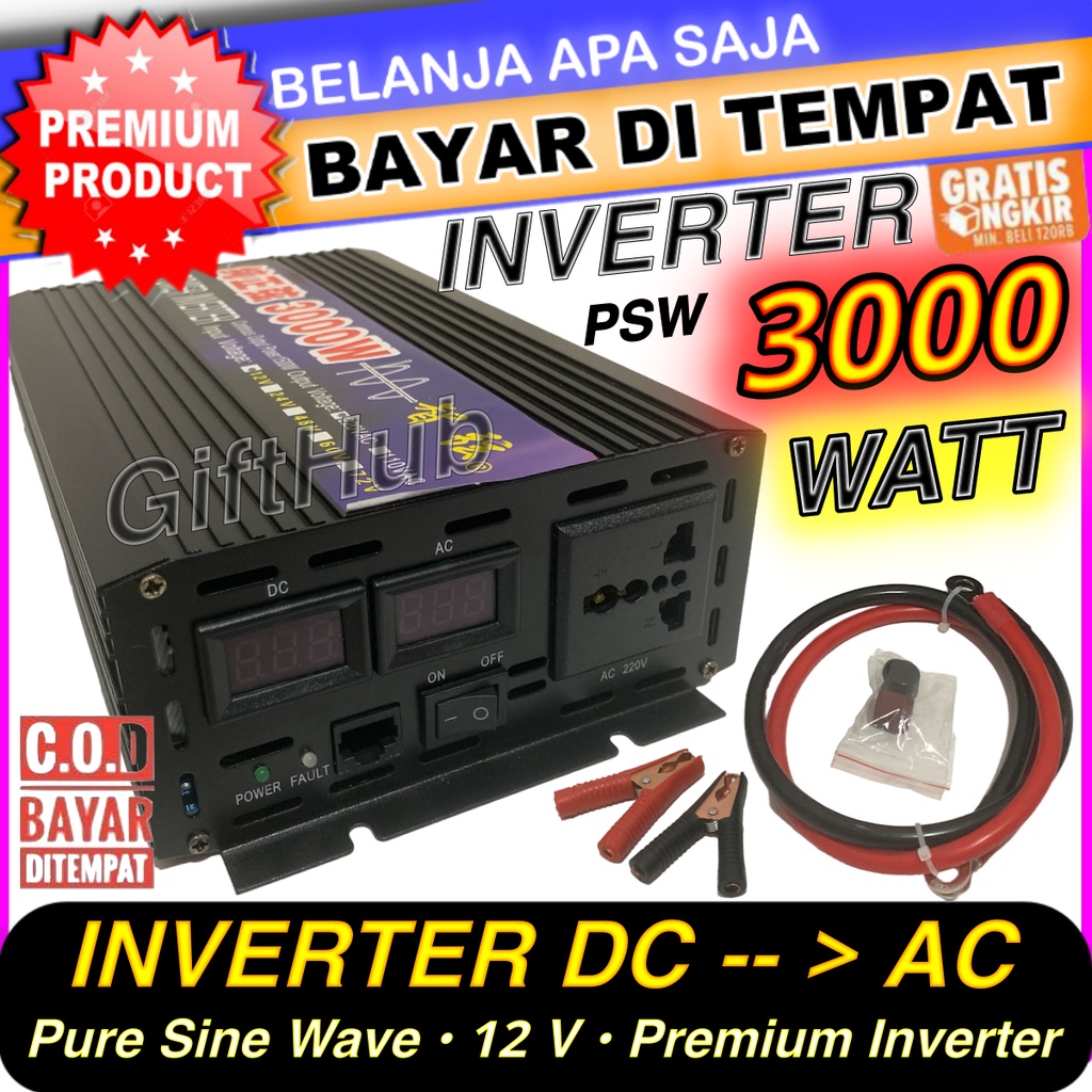 Jual Car Power Inverter With Pure Sine Wave DC 12V to AC 220V 3000W - 12V Digital Aki Battery ...