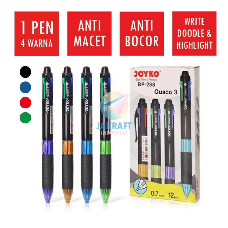 Jual (1 Pcs) Pulpen Ballpoint 4 Warna in 1 Pen JOYKO BP-288 QUACO 3 ...