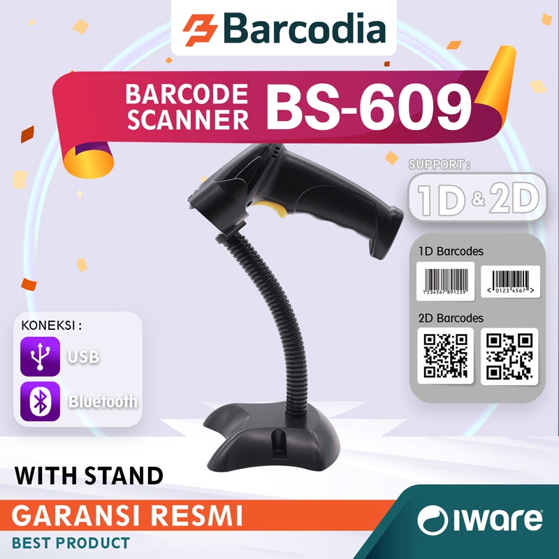Jual BARCODIA Barcode Scanner Bluetooth IWARE BS-609BT With Stand | Shopee Indonesia