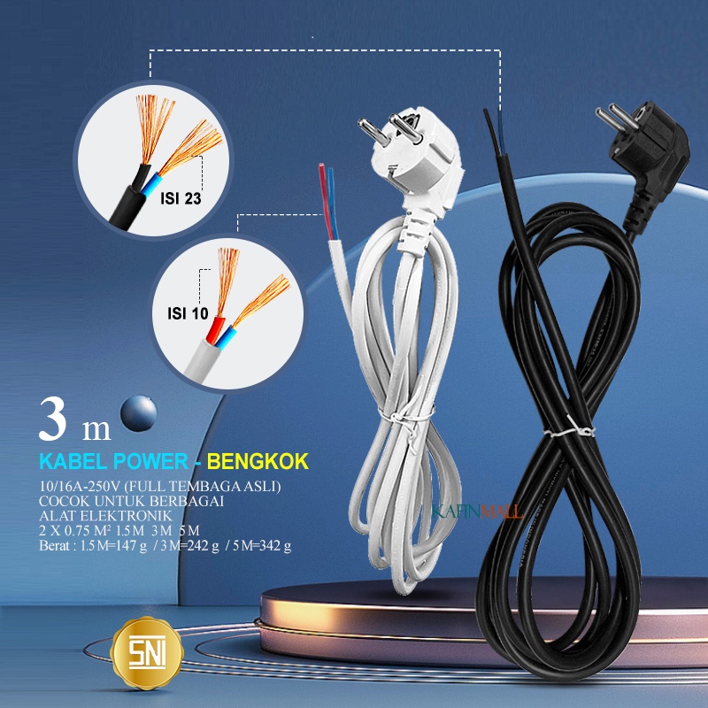 Jual 3M ASLI TEMBAGA KABEL POWER BENGKOK STEKER COLOKAN 2 KABEL SNI ...