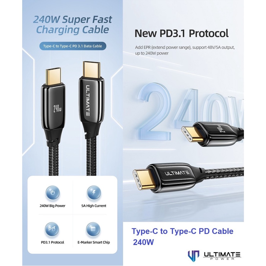 Jual Ultimate Data Cable PD 240W Type-C to Type C USB-C Super Fast ...