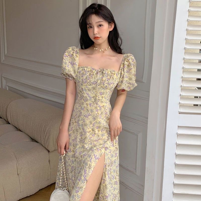 Jual D321 - Hyejong dress/ korean dress square neck floral/ dress ...