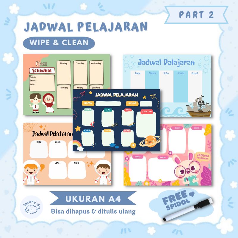 Jual [PART 2] Poster Jadwal Pelajaran Wipe & Clean | Mini Jadwal pelajaran A4 | Class Schedule ...