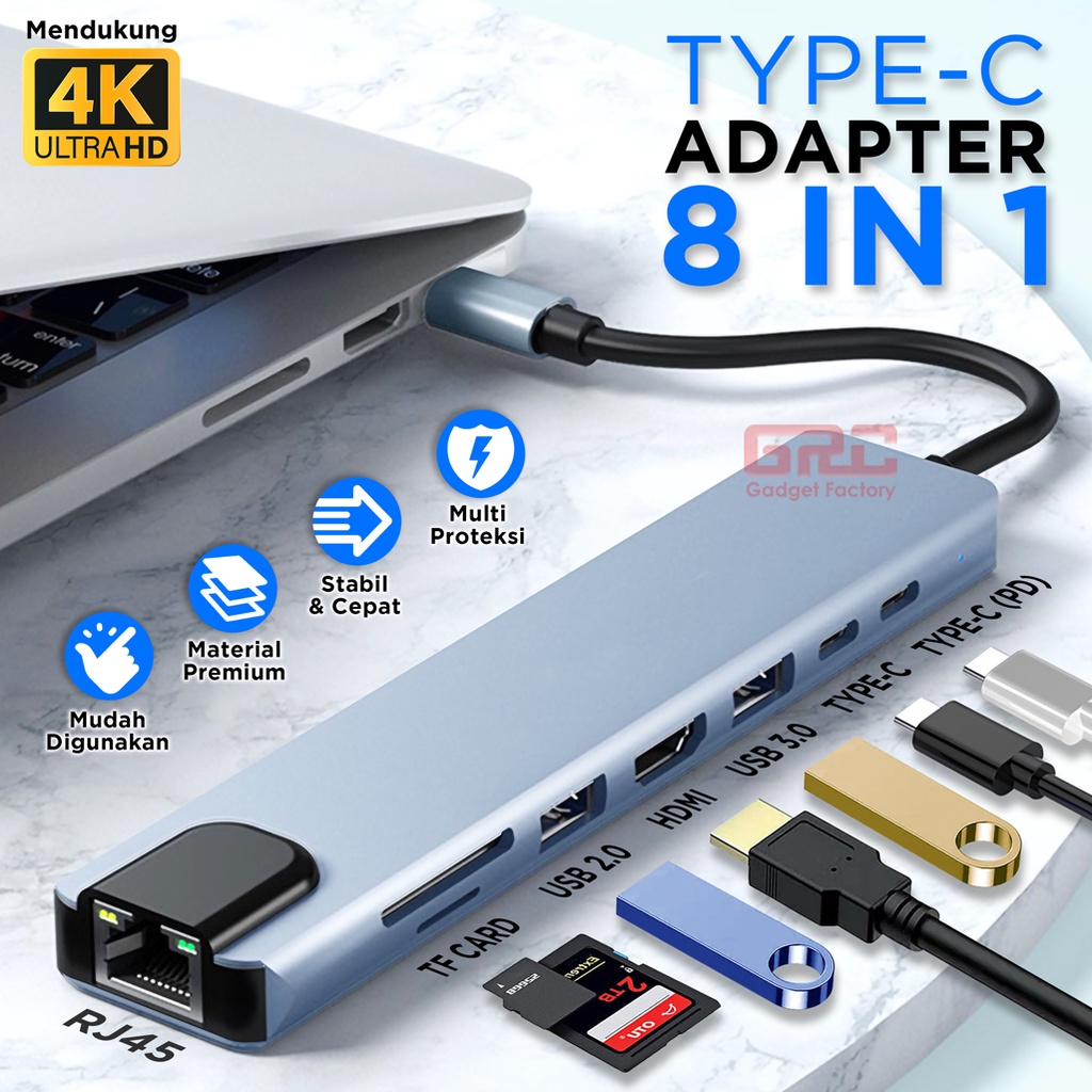 Jual Adapter HUB Type C to 8 Port HDMI LAN USB PD Micro SD TF Card OTG ...