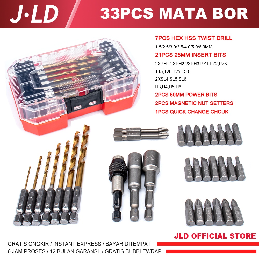 Jual JLD Mata bor set 33pcs Hex HSS Twist mata screw driver mata bor ...