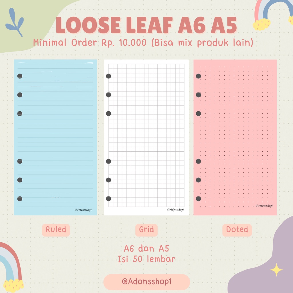Jual LOOSE LEAF A6 A5 ISI 45 LEMBAR [Refill Binder] (DOTED, LINE, BLANK ...