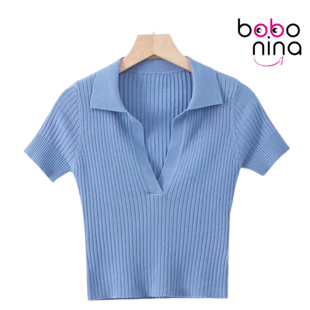 Jual Ninabobo SL017 Crop Top Knit Rib Atasan Baju Vneck Kerah Kaos Rajut Wanita Blouse Polos ...
