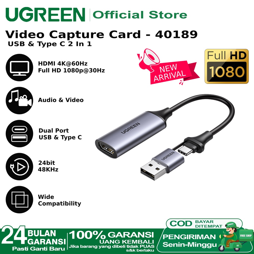 Jual UGREEN Video Capture Card HDMI HD 4K 60Hz Mac Windows Android 40189 | Shopee Indonesia