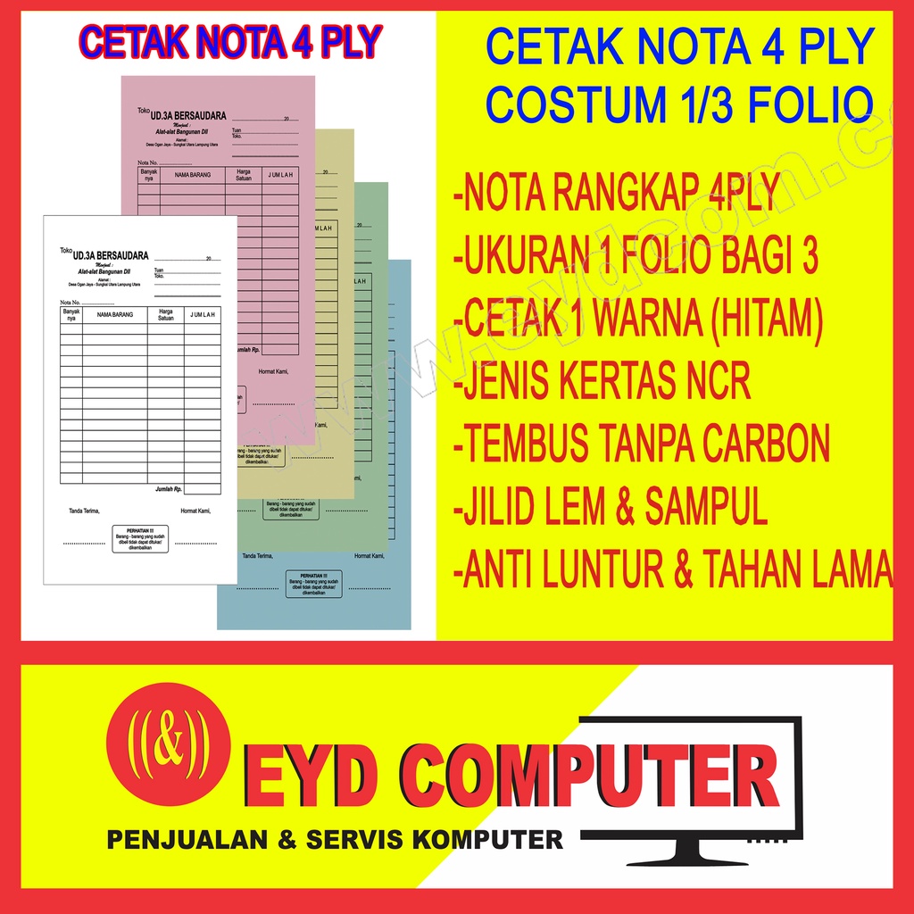 Jual CETAK NOTA 4 PLY 1 FOLIO BAGI 3 KERTAS NCR COSTUM ISI RANGKAP CEK ...