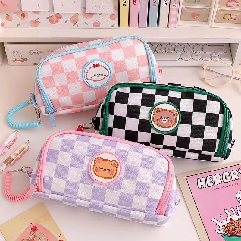 Jual Tempat Pencil/Pencil Case kain motif kotak size besar zipper 2 ...