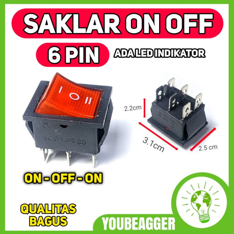Jual Switch on off 6 PIN LED indikator ON OFF ON 16A 125v 20A 250V ...