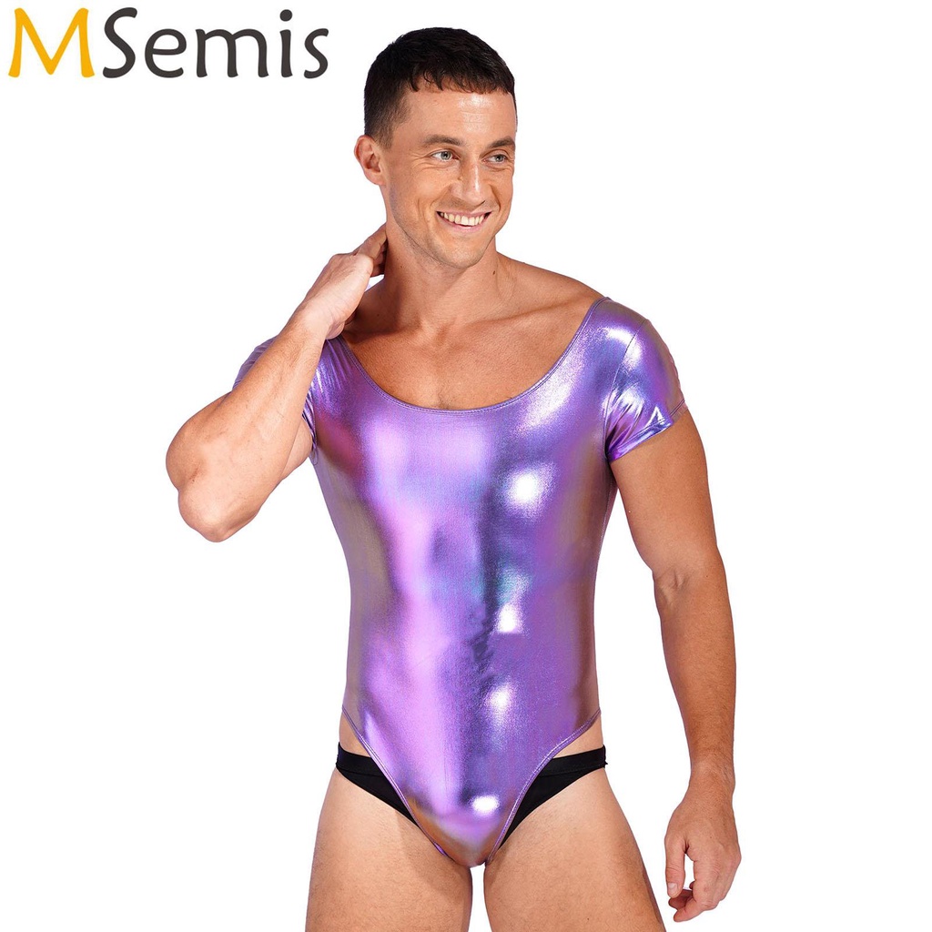 Jual Mens Gymnastic Swimsuit For Dancing Shiny Patent Leather Bodysuit Costume Short Sleeve One