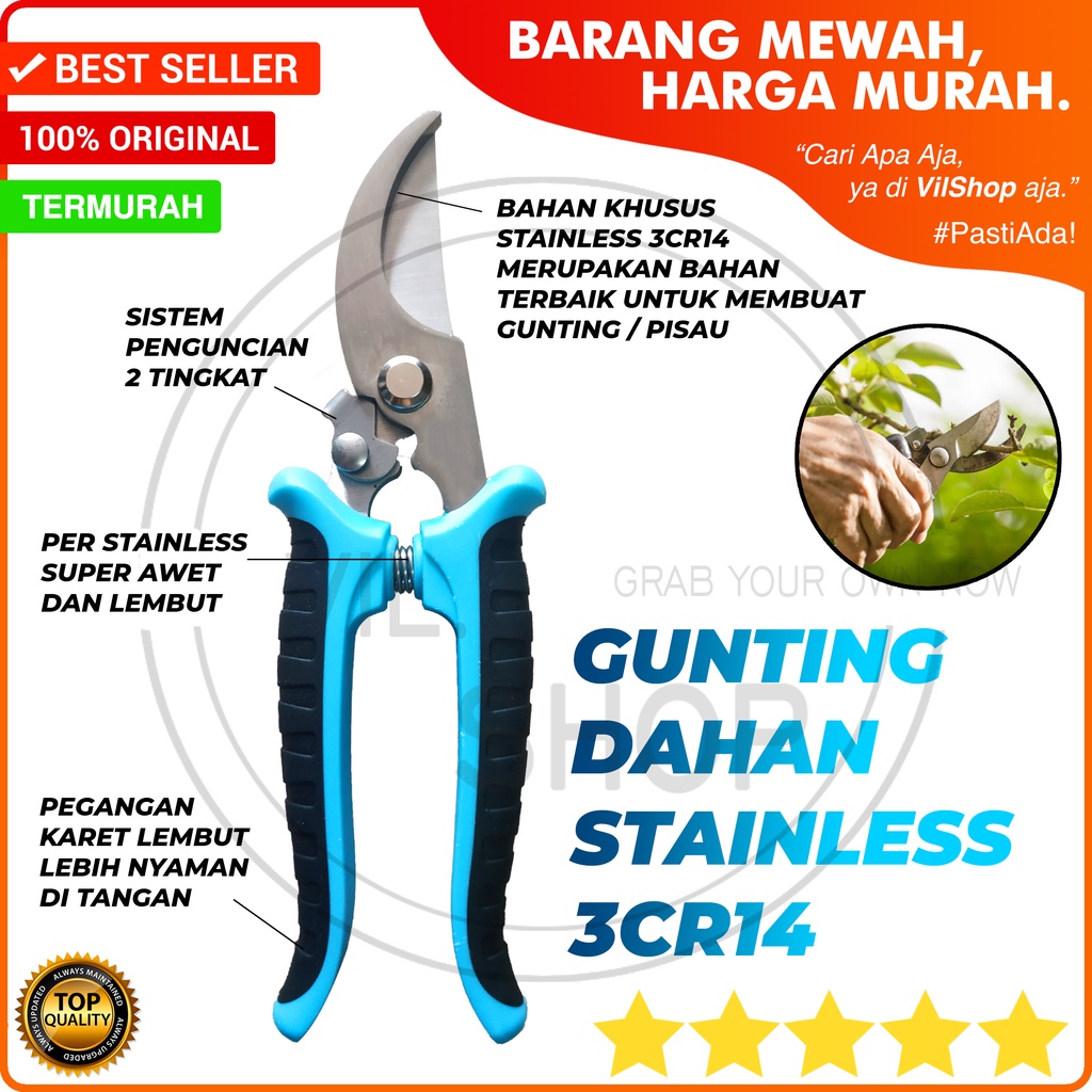 Jual GUNTING DAHAN STAINLESS STEEL 3CR14 / GUNTING CABANG BUNGA 8" 20 ...