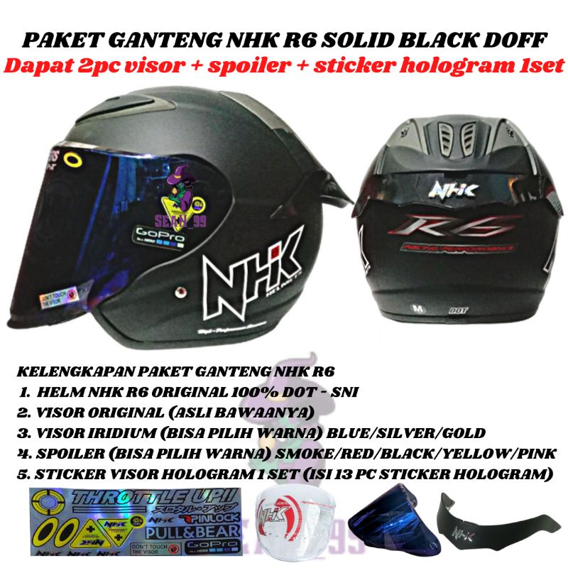 Jual HELM NHK R6 SOLID BLACK DOFF HALF FACE ORIGINL SNI ( PAKET GANTENG ...