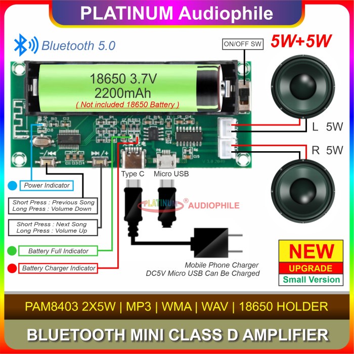 Jual PAM8403 BLUETOOTH AMPLIFIER CLASS D 2X5W 18650 LITHIUM BATTERY ...