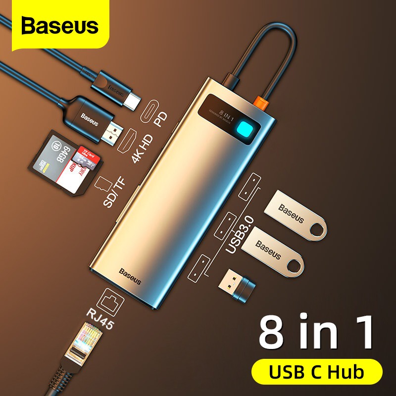 Jual Baseus Type C HUB Adapter 8 in 1 USB 3.0 HDMI 4K Rj45 Card Reader ...