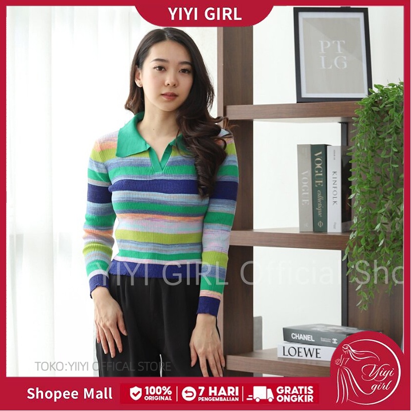 Jual YIYI GIRL Atasan Rajut Wanita Korean Style V-neck Knit Stripe Lengan Panjang | Shopee Indonesia