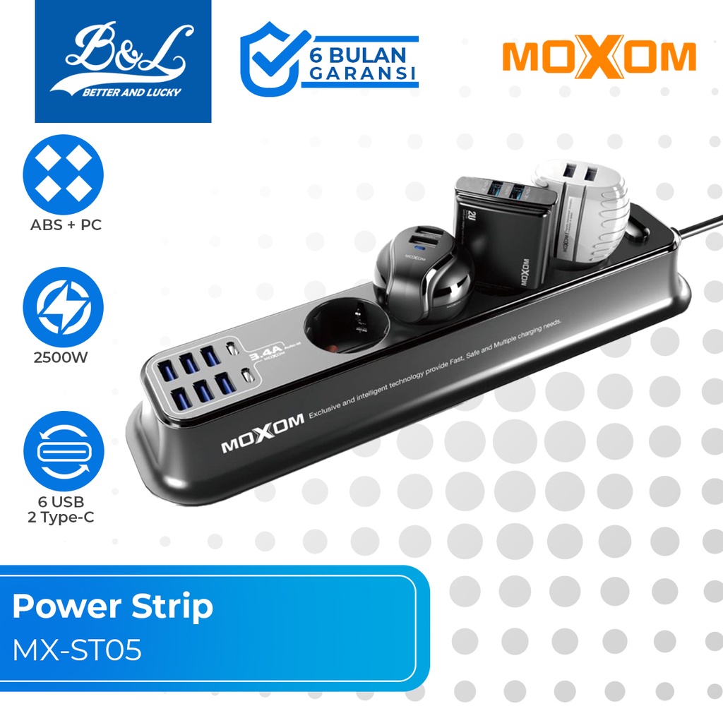 Jual MOXOM MX-ST05 Power Strip 4 Power Socket 6 USB 2 Type-C Kabel 2m | Shopee Indonesia
