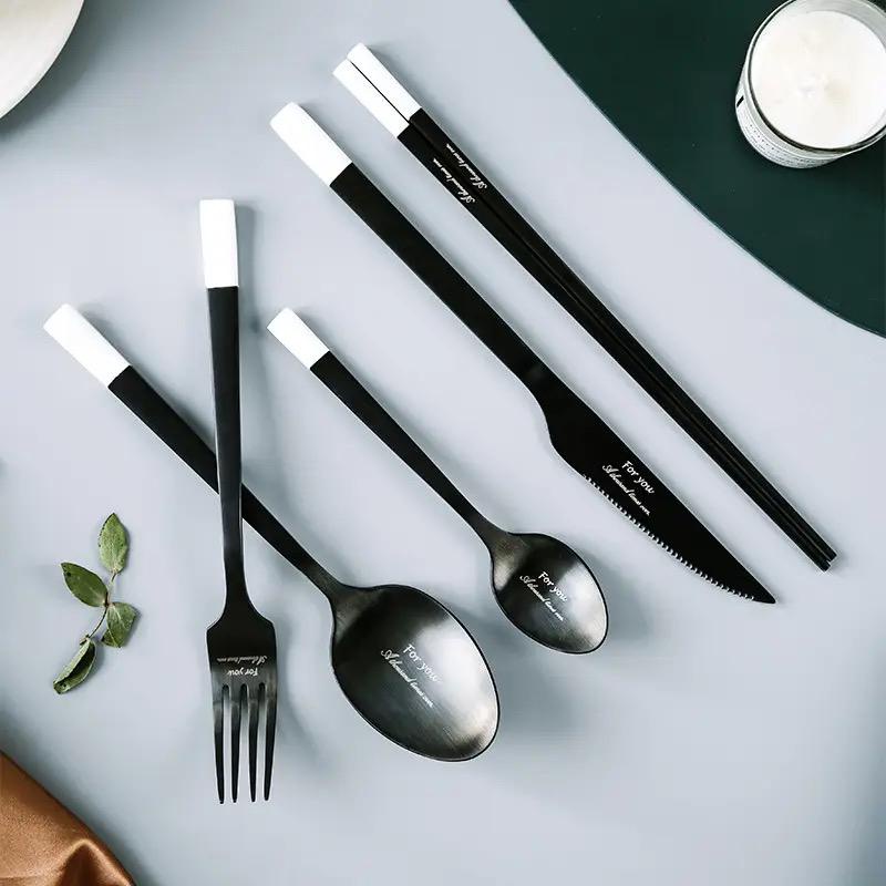 Jual luxury picasso art dinner spoon cutlery set black matte white ...
