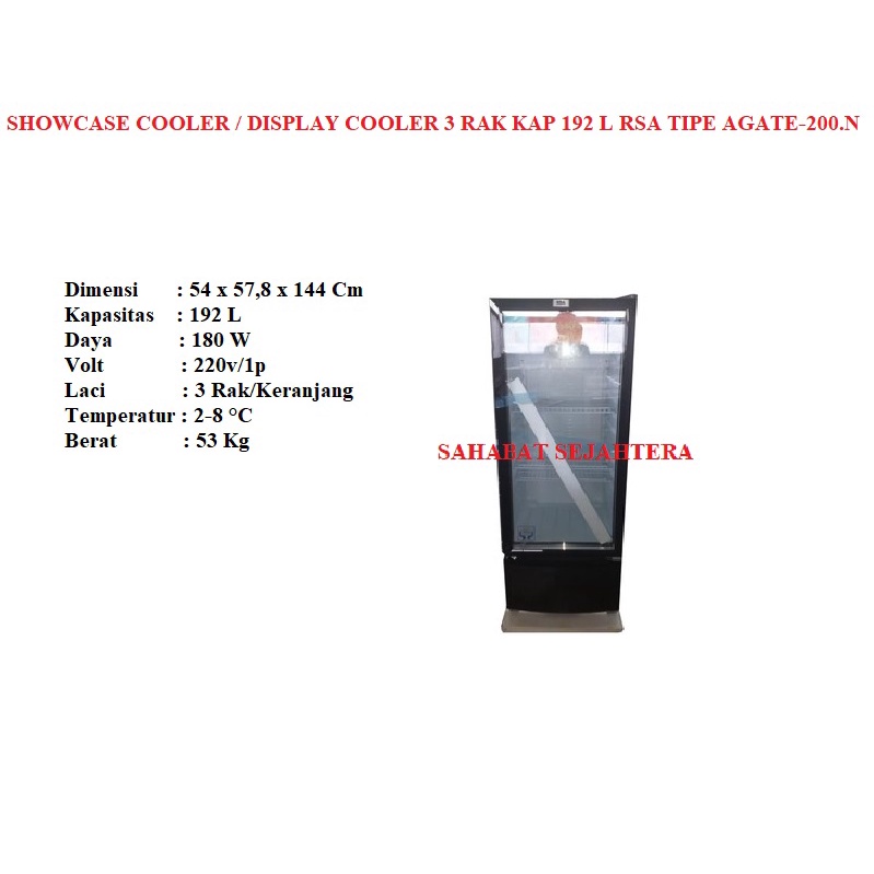 Jual RSA Showcase Display Cooler AGATE-200-R 1 Pintu 3 Rak Kapasitas ...