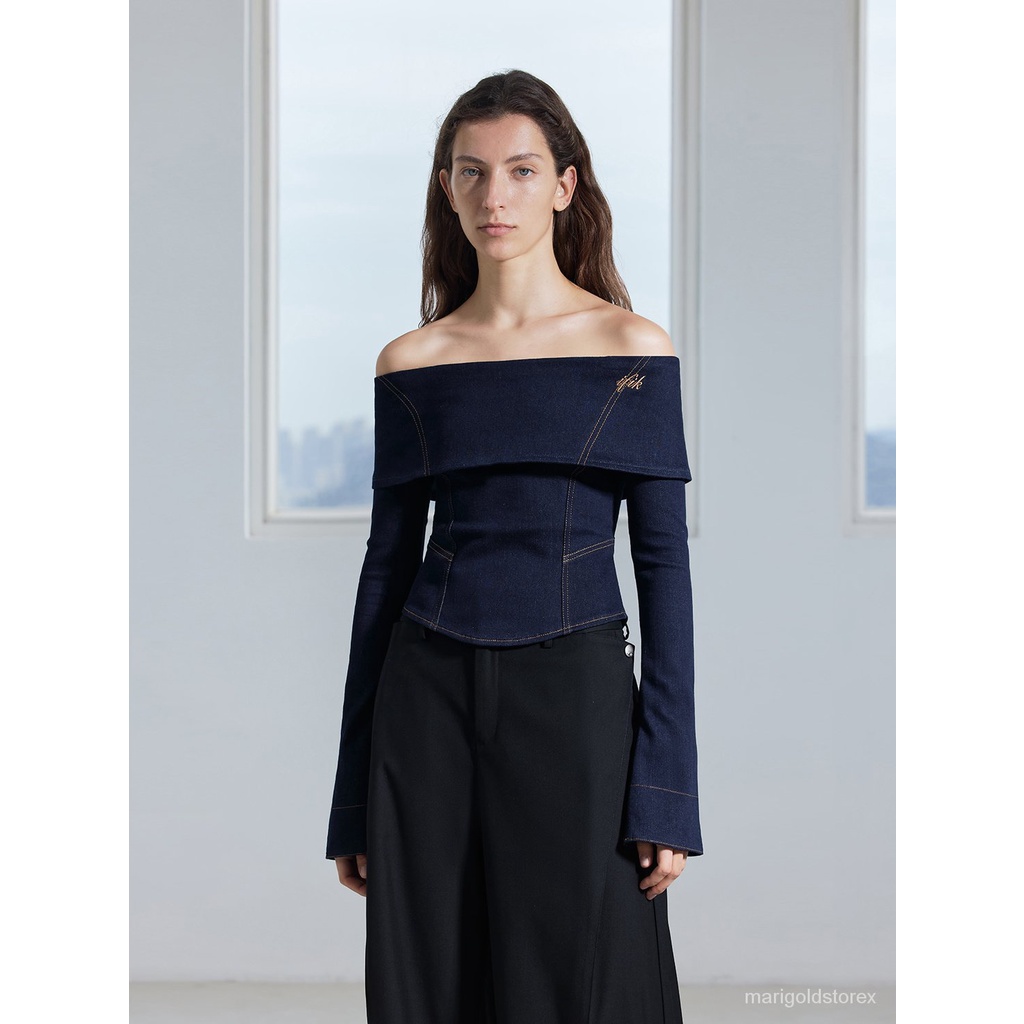 Jual COD#Denim Amerika satu kata bahu top wanita / off-the-shoulder ...