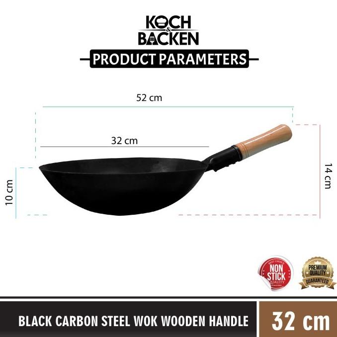 Jual KOCH&BACKEN Black Carbon Steel Wok 34cm Wajan Gagang Kayu Pre ...