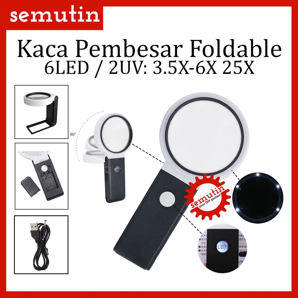 Jual Kaca Pembesar Foldable 6 LED 2 UV 3.5X-6X 25X AG32 / Kain ...