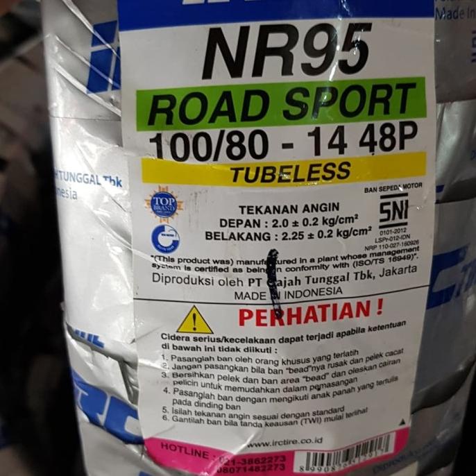 Jual Ban Motor Murah Ban Luar Irc Tubeless 100/80-14 Nr95 (Std Kembang ...