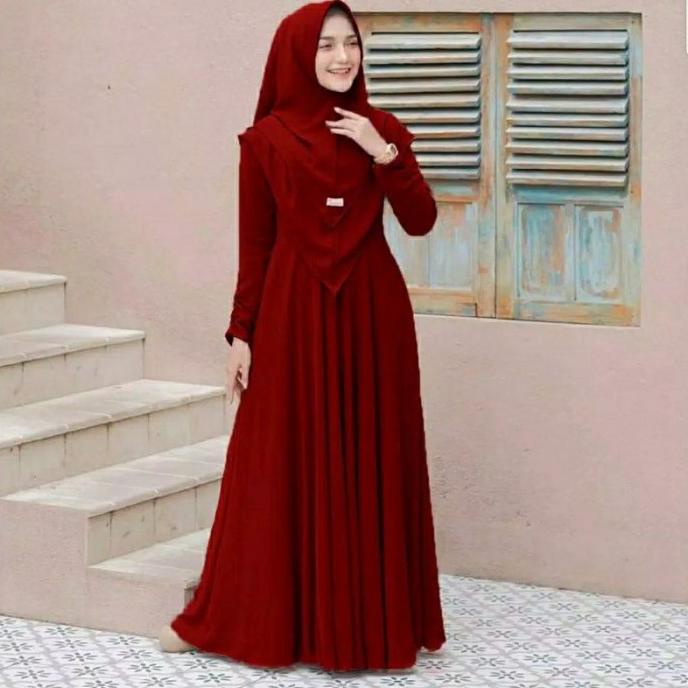 Jual Gamis Dress Syari Wanita Muslim Busui JUMBO FREE HIJAB Merah Marun ...