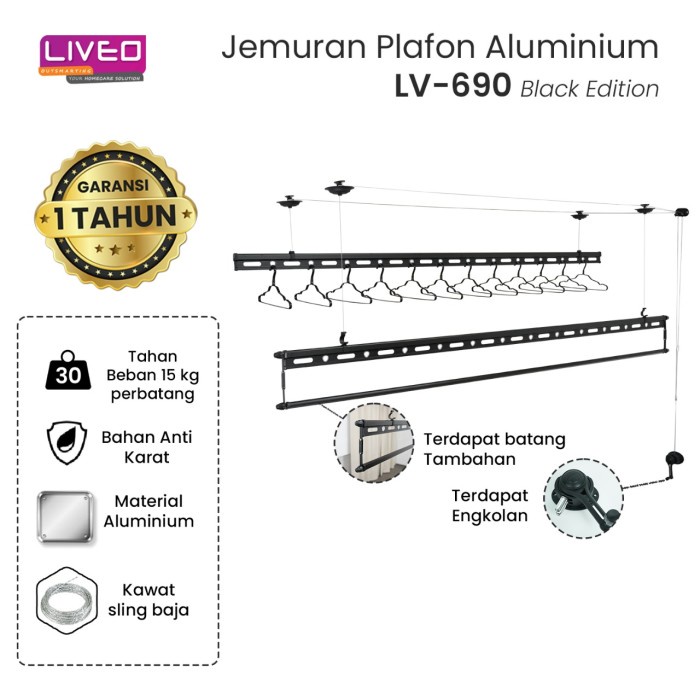Jual LIVEO Jemuran Baju Alumunium Lifting Plafon Engkol 3 Batang LV690 ...