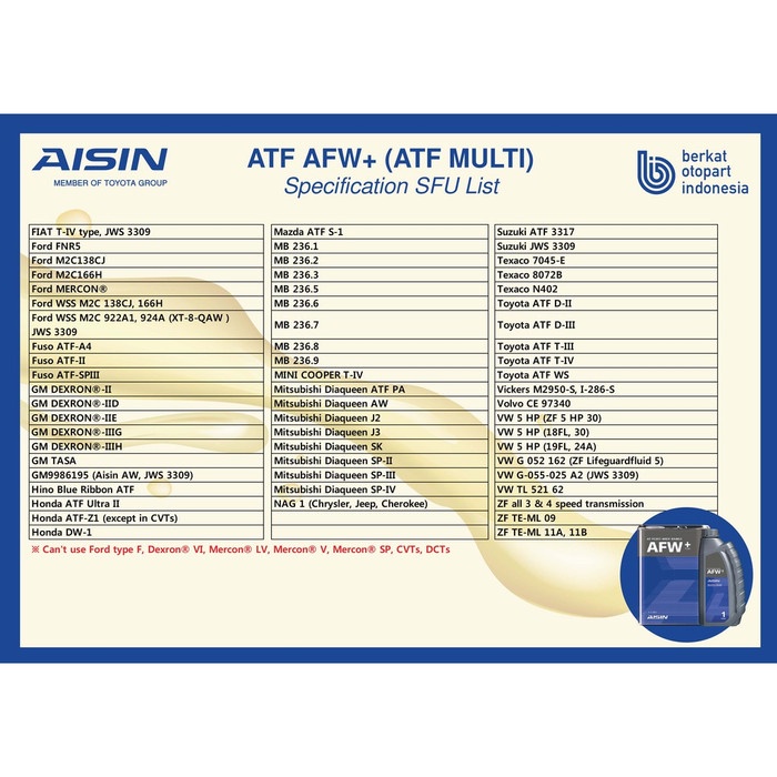 Jual Oli Matic Aisin Atf Afw+ Plus Multi Vehicle Full Synthetic 1 Liter ...