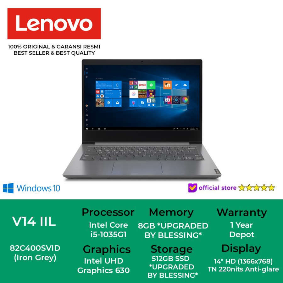 Jual LENOVO V14 IIL 82C400SVID corei5 1035G1 8GB 512GB W10 Upgrade Blessing | Shopee Indonesia