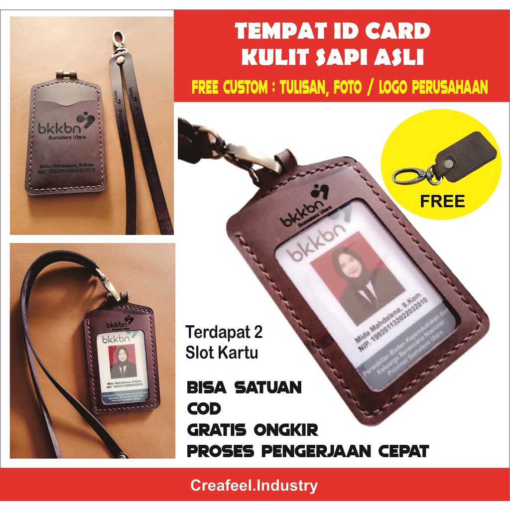 Jual Name tag Lanyard id card holder kulit free custom tulisan dan logo ...