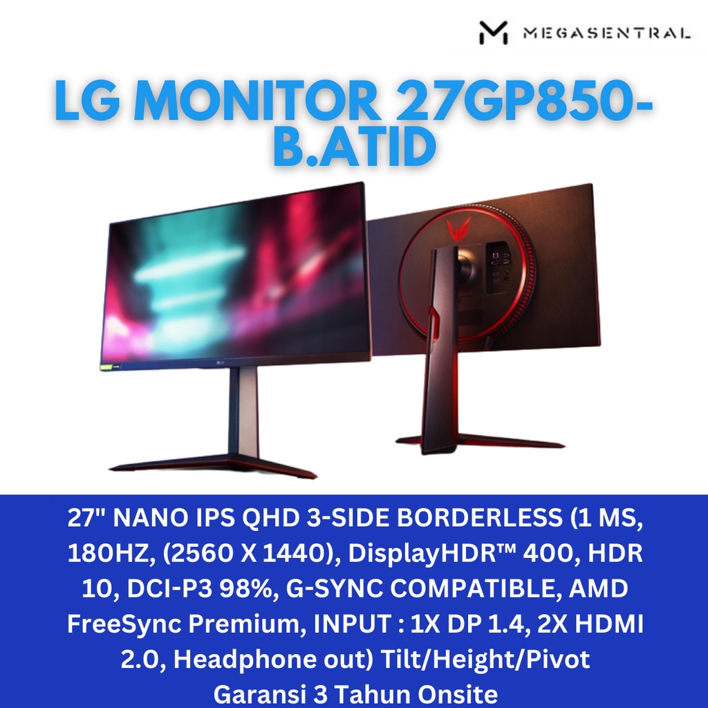 Jual Monitor LG 27GP850 / 27GP850-B 1MS 165Hz QHD 1440p Nano IPS HDR ...