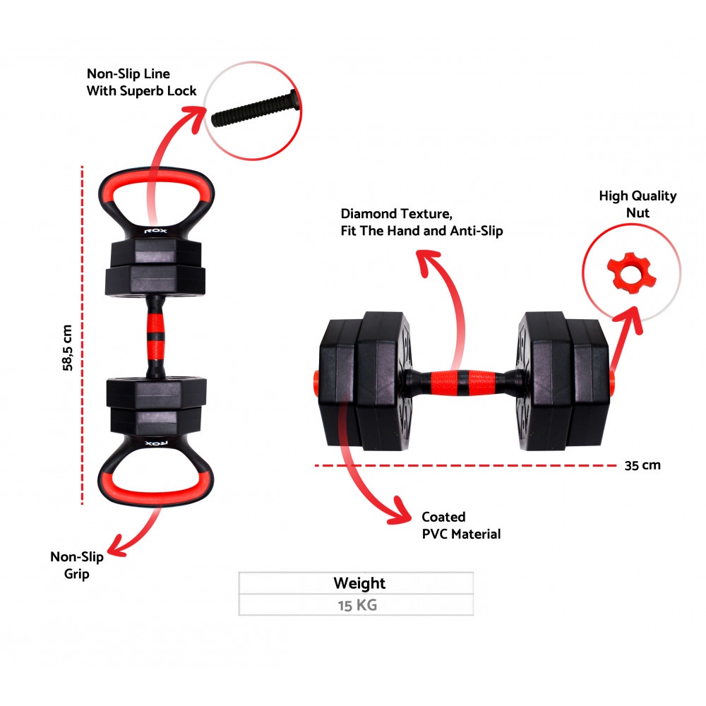 Jual Barbel Multifungsi Dumbbell Kettlebell Barbell PVC ROX 15 Kg ...