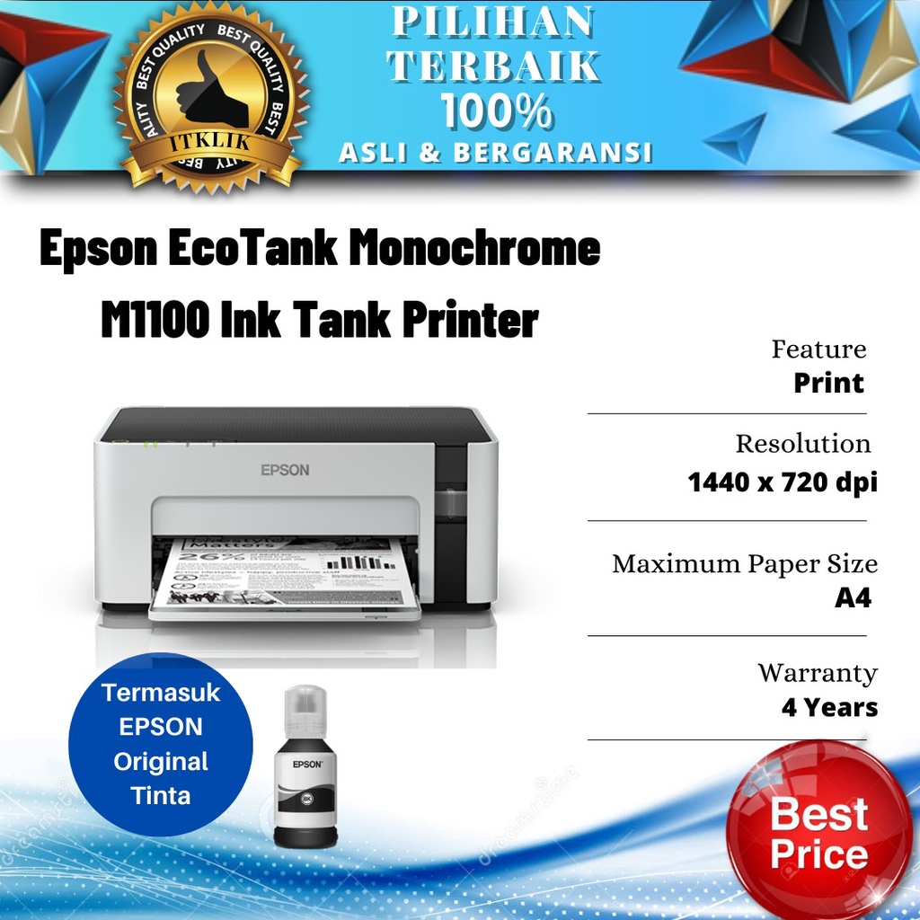 Jual Epson EcoTank Monochrome M1100 Ink Tank Printer - Print Only Hitam ...