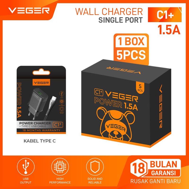 Jual VEGER C1+ TYPE C / Charger VEGER C1+ with kabel TYPE C 1.5A single ...