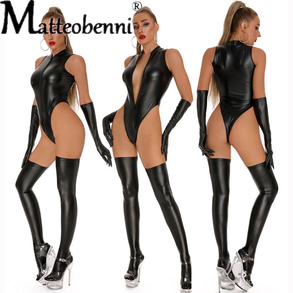 Jual Women Pu Faux Leather Latex Bodysuit Gloves Stocking Sexy High