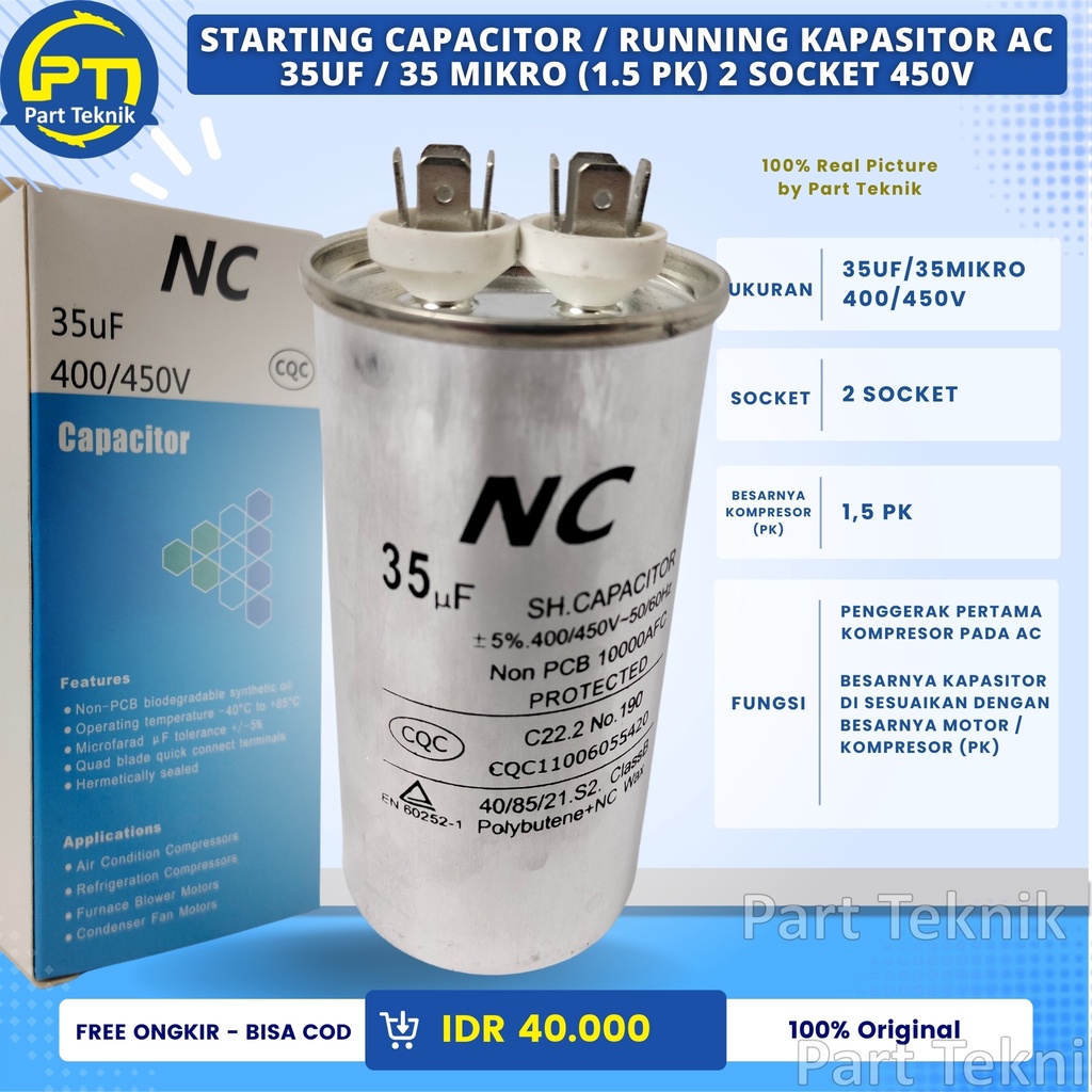 Jual KAPASITOR AC 35uF 450V (1.5 PK) 2 SOCKET x 4 Pin RUNNING CAPACITOR / STARTER KAPASITOR AC ...